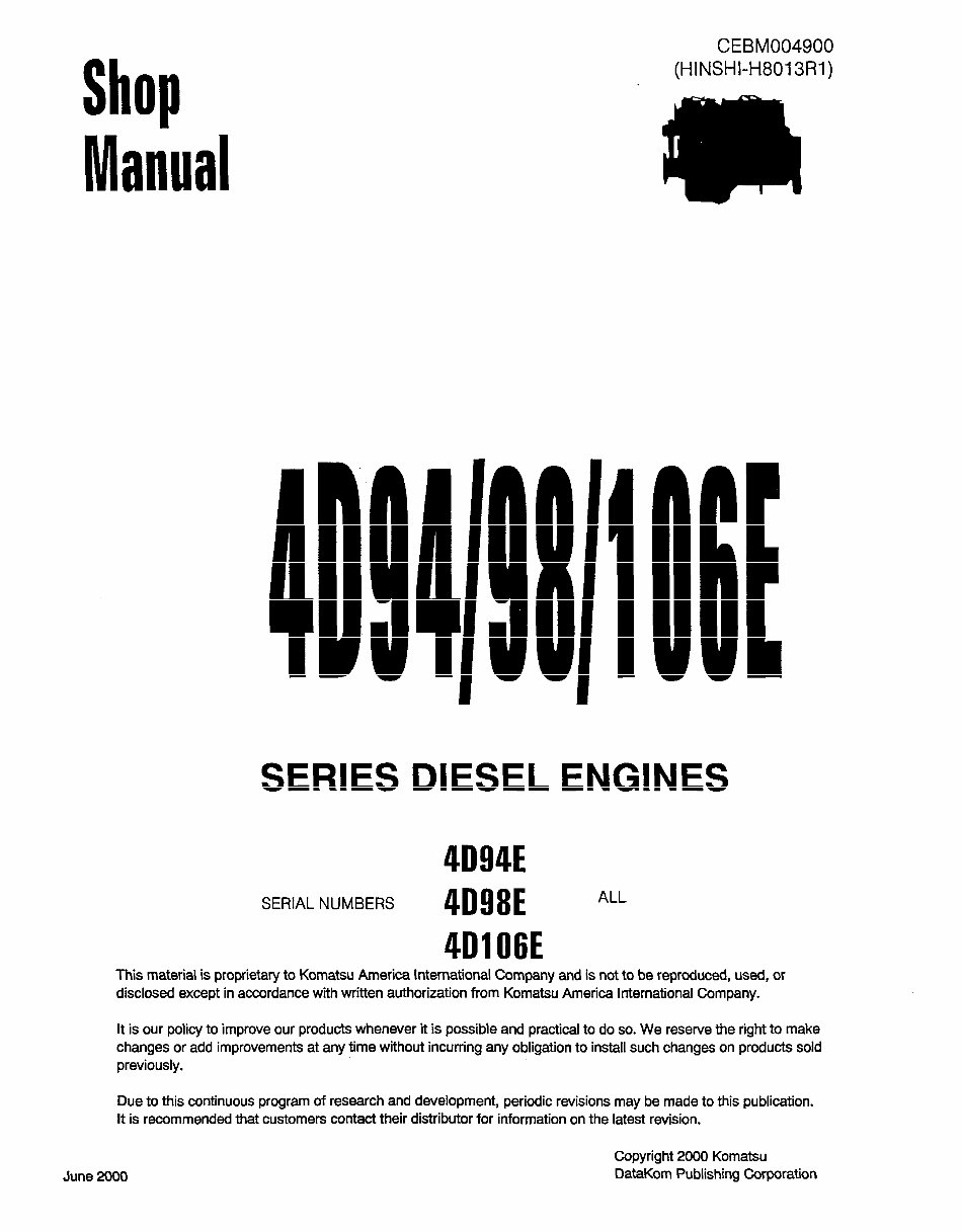Yanmar 4D94E Engine Workshop Service Manual for Repair
