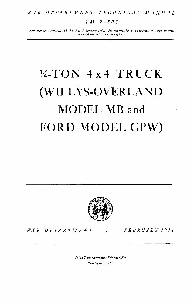 1941-1945 Willys Jeep GPW MB Service Manual