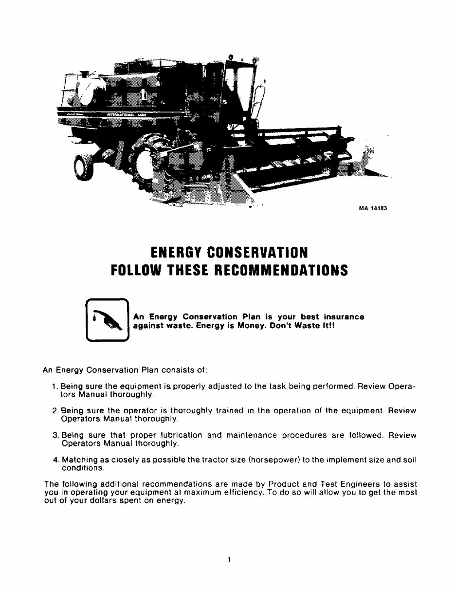 CASE IH 1440 1460 1480 Combine Operators Manual