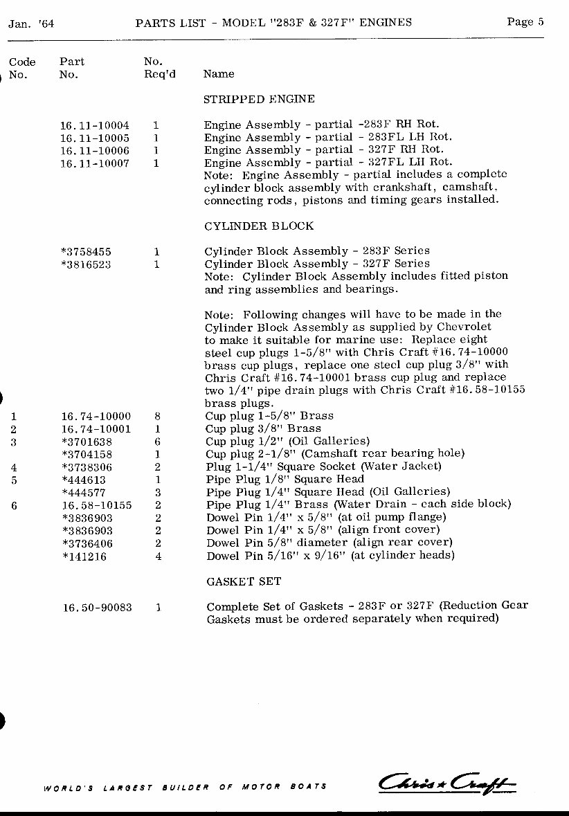 CHRIS CRAFT Marine Engine 283 327 F V8 Parts Manual LIST EPC