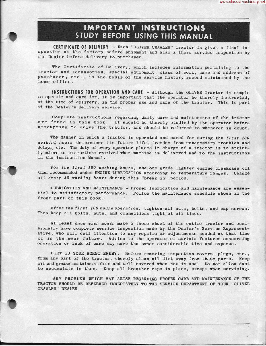 Oliver OC3 OC-3 Crawler Tractor Operator Owner Instruction Manual ...