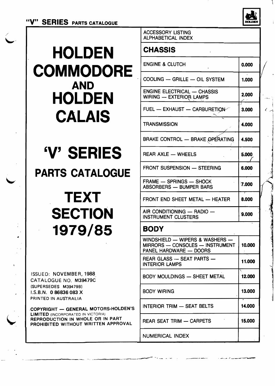 HOLDEN COMMODORE VB VC VH VK Parts BOOK BROCK SS HDT