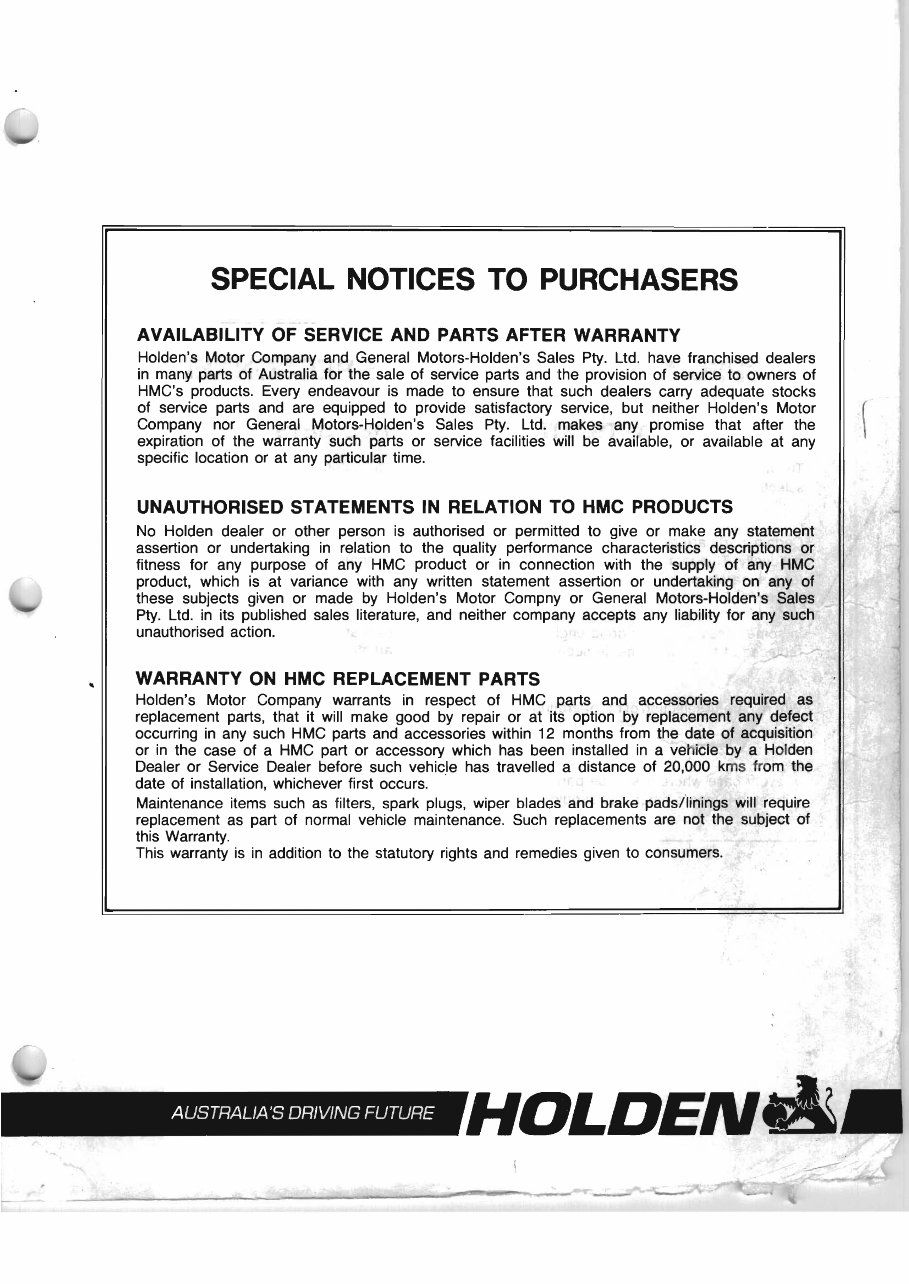 HOLDEN COMMODORE VB VC VH VK Parts BOOK BROCK SS HDT