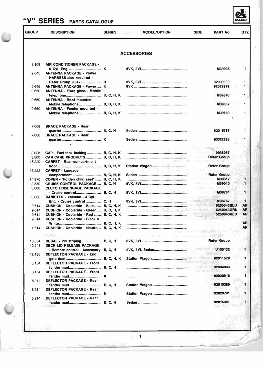 HOLDEN COMMODORE VB VC VH VK Parts BOOK BROCK SS HDT