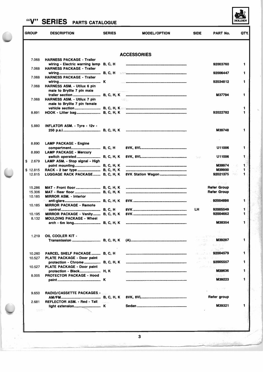 HOLDEN COMMODORE VB VC VH VK Parts BOOK BROCK SS HDT