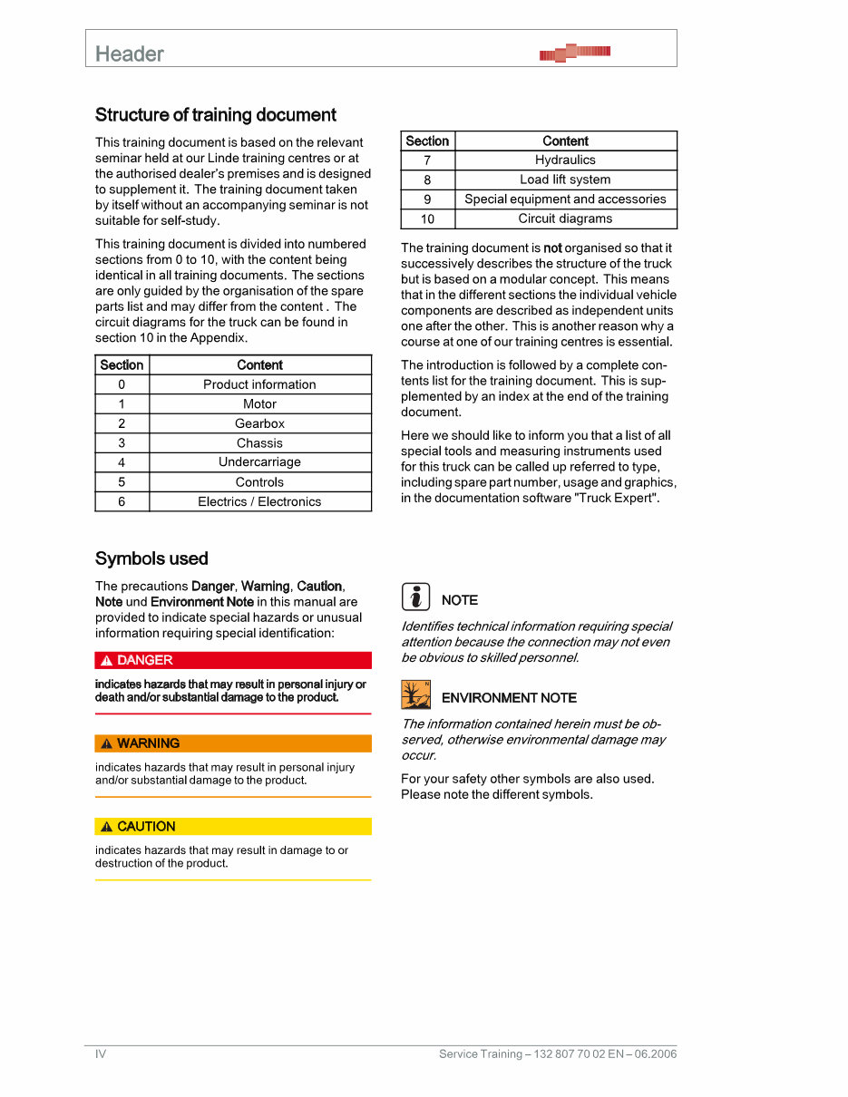 Linde Order Picker Type 132: N20, N24 Service Training (Workshop) Manual
