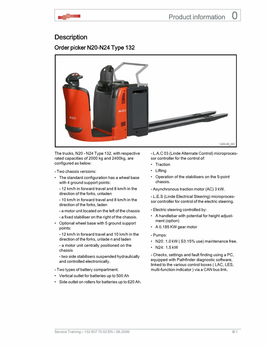 Linde Order Picker Type 132: N20, N24 Service Training (Workshop) Manual