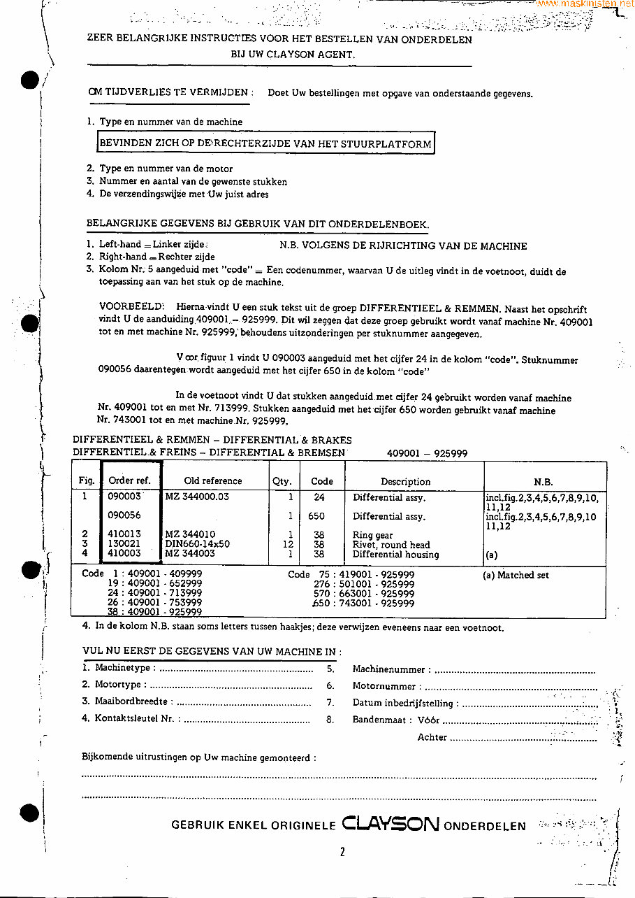 New Holland Clayson M103 Combine Service Parts Catalogue Manual
