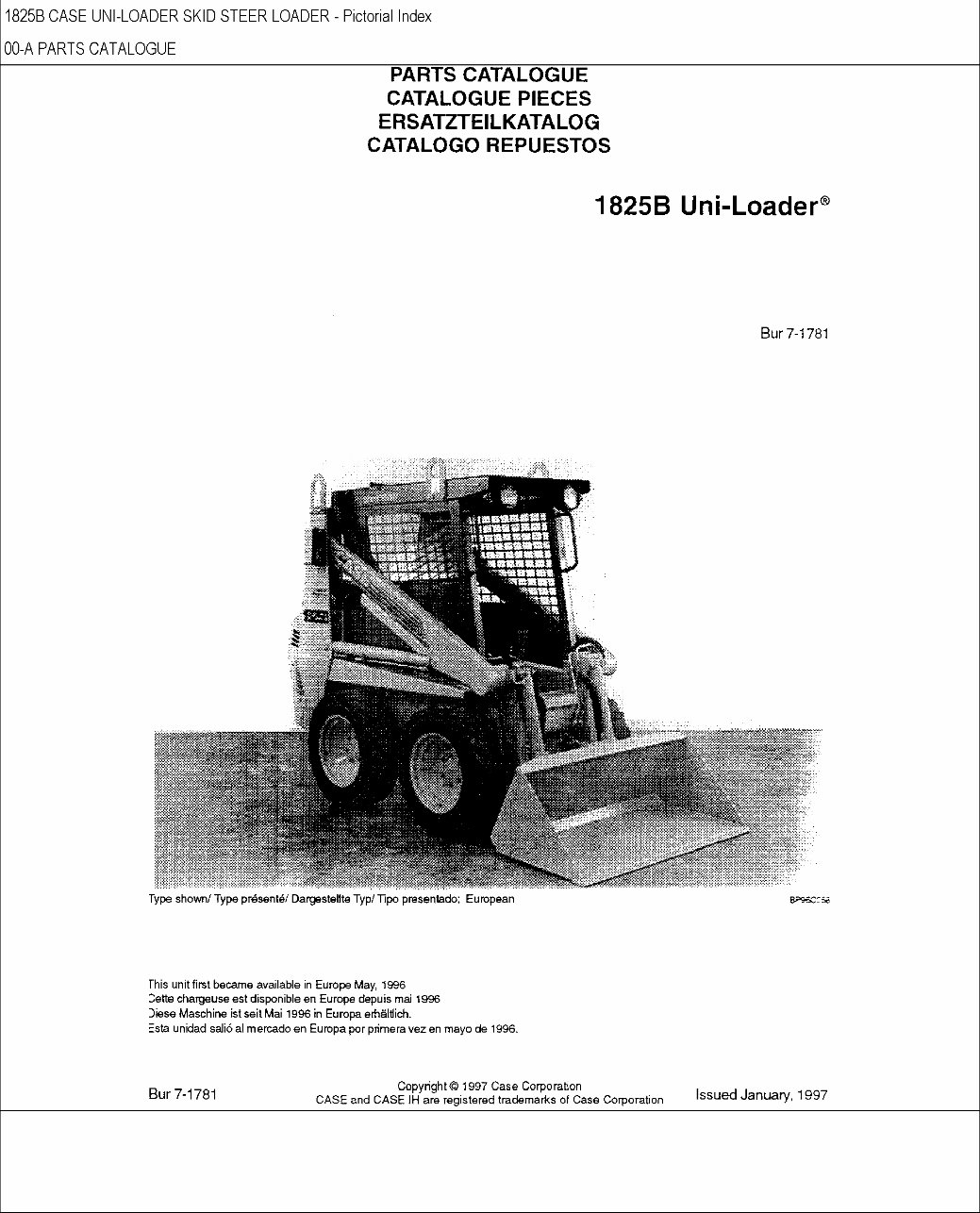 CASE 1825B Skid Steer Loader Parts Catalog Manual