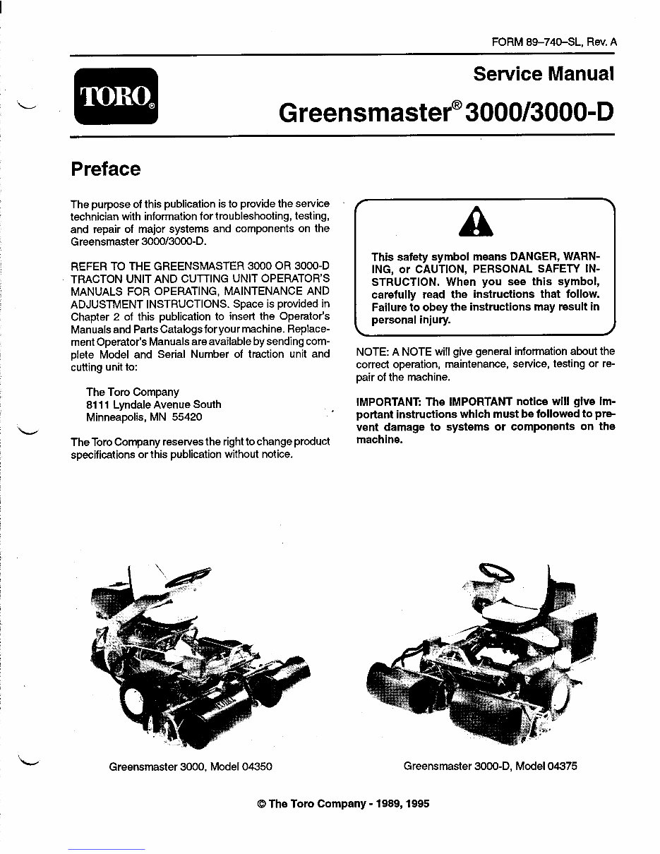 Toro Groundsmaster 3000-D Factory Service & Work Shop Manual
