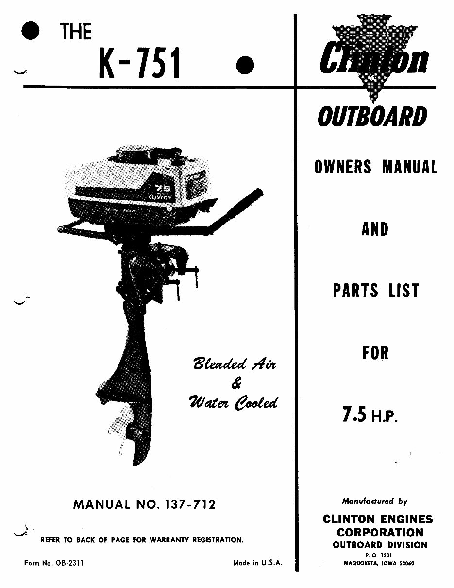 Clinton outboard K751 7.5 hp owners & parts manual