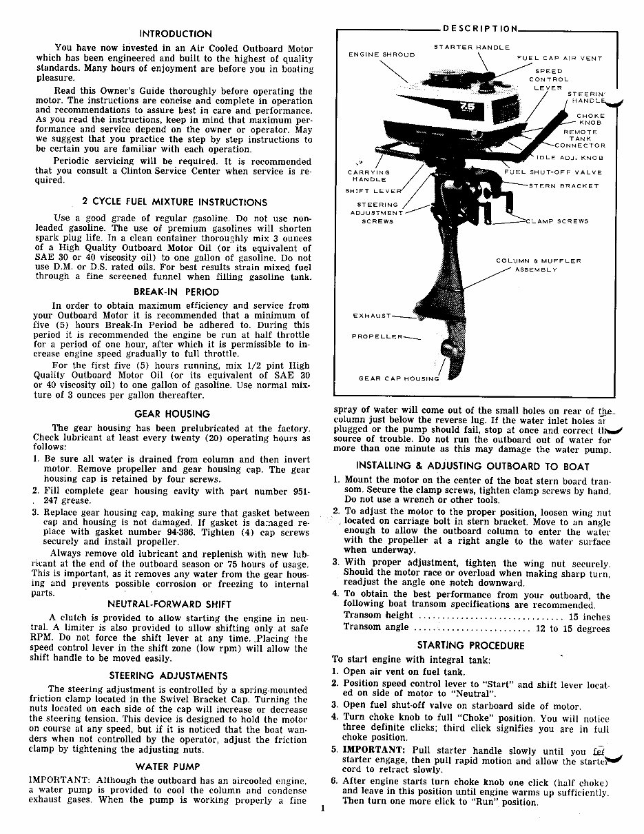 Clinton outboard K751 7.5 hp owners & parts manual
