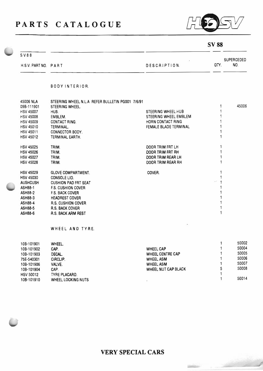 HOLDEN HSV Parts Catalogue VL VN WALKINSHAW GROUP A