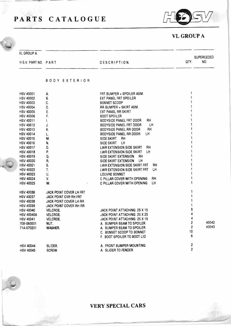 HOLDEN HSV Parts Catalogue VL VN WALKINSHAW GROUP A