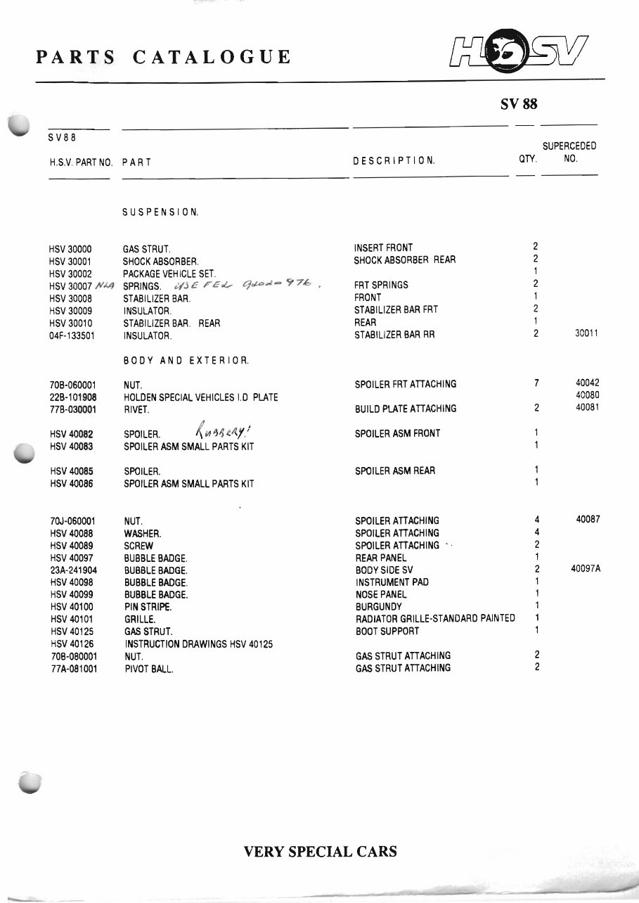 HOLDEN HSV Parts Catalogue VL VN WALKINSHAW GROUP A