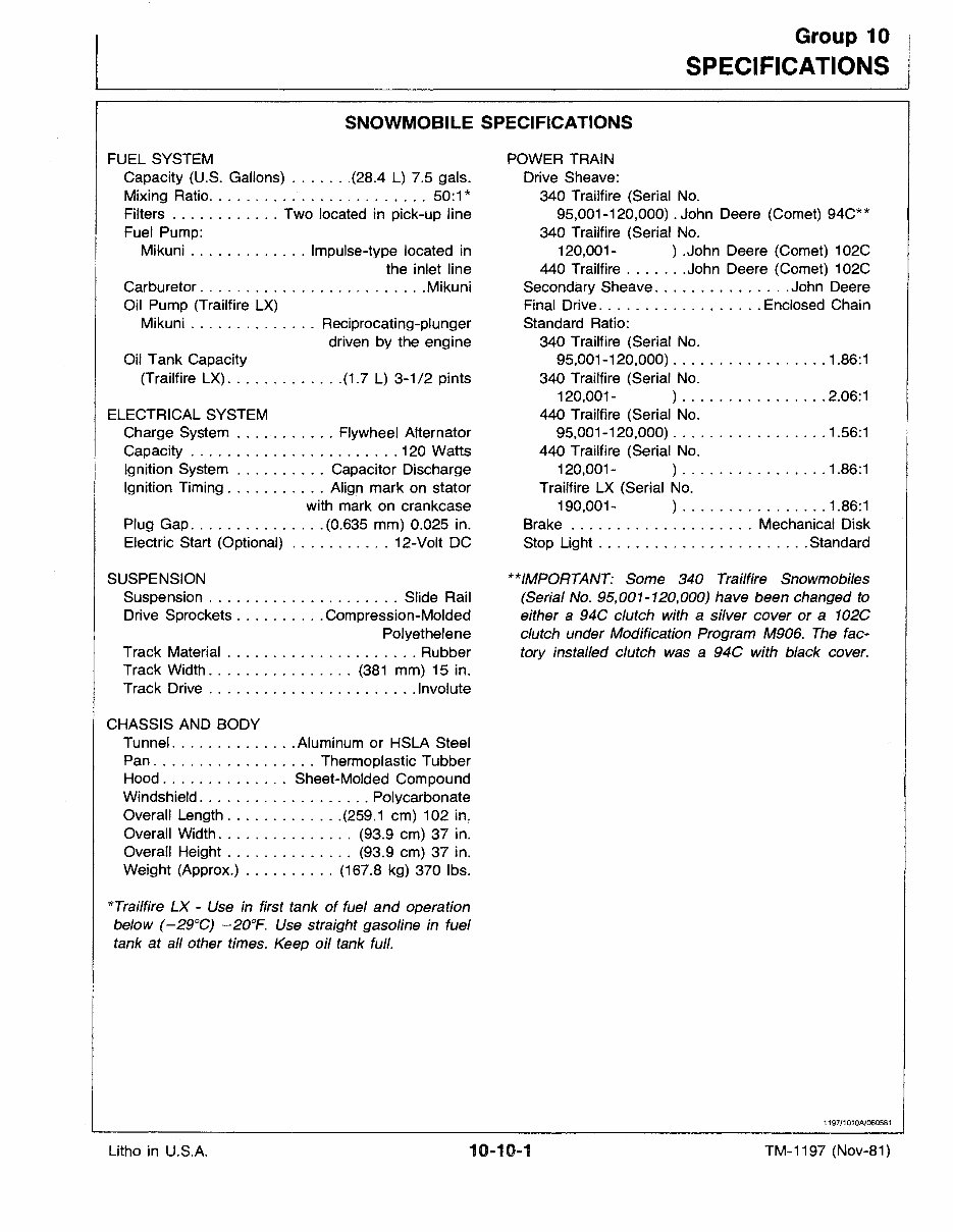 1979-1982 John Deere Trailfire 340 440 Snowmobile Repair Manual