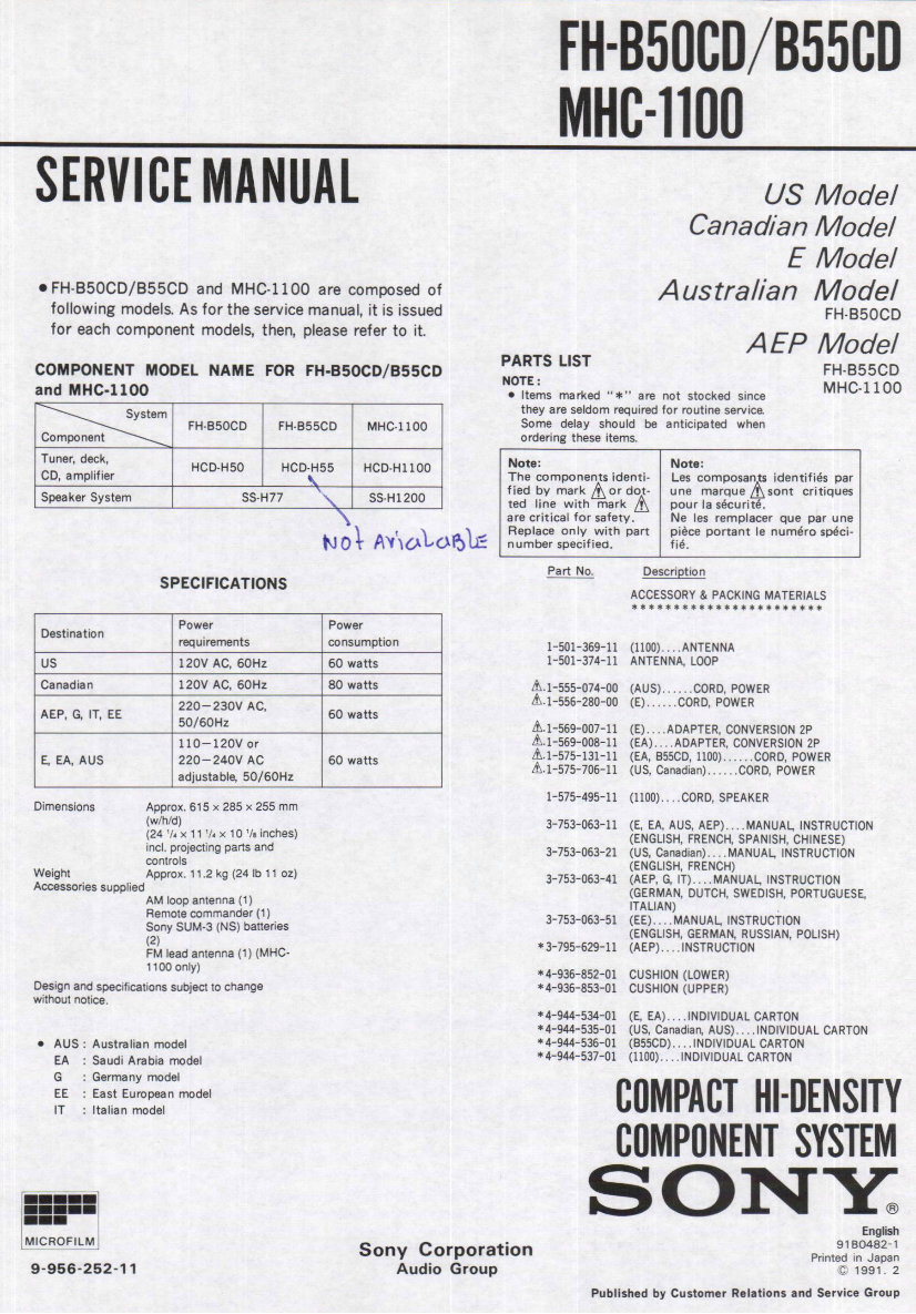 Sony FH B50CD / FH B55CD COMPACT HI DENSITY COMPONENT System Parts LIST ...