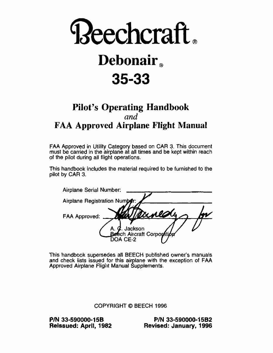 Beechcraft Debonair 35-33 Pilots Operating Manual POH & FAA AFM ...