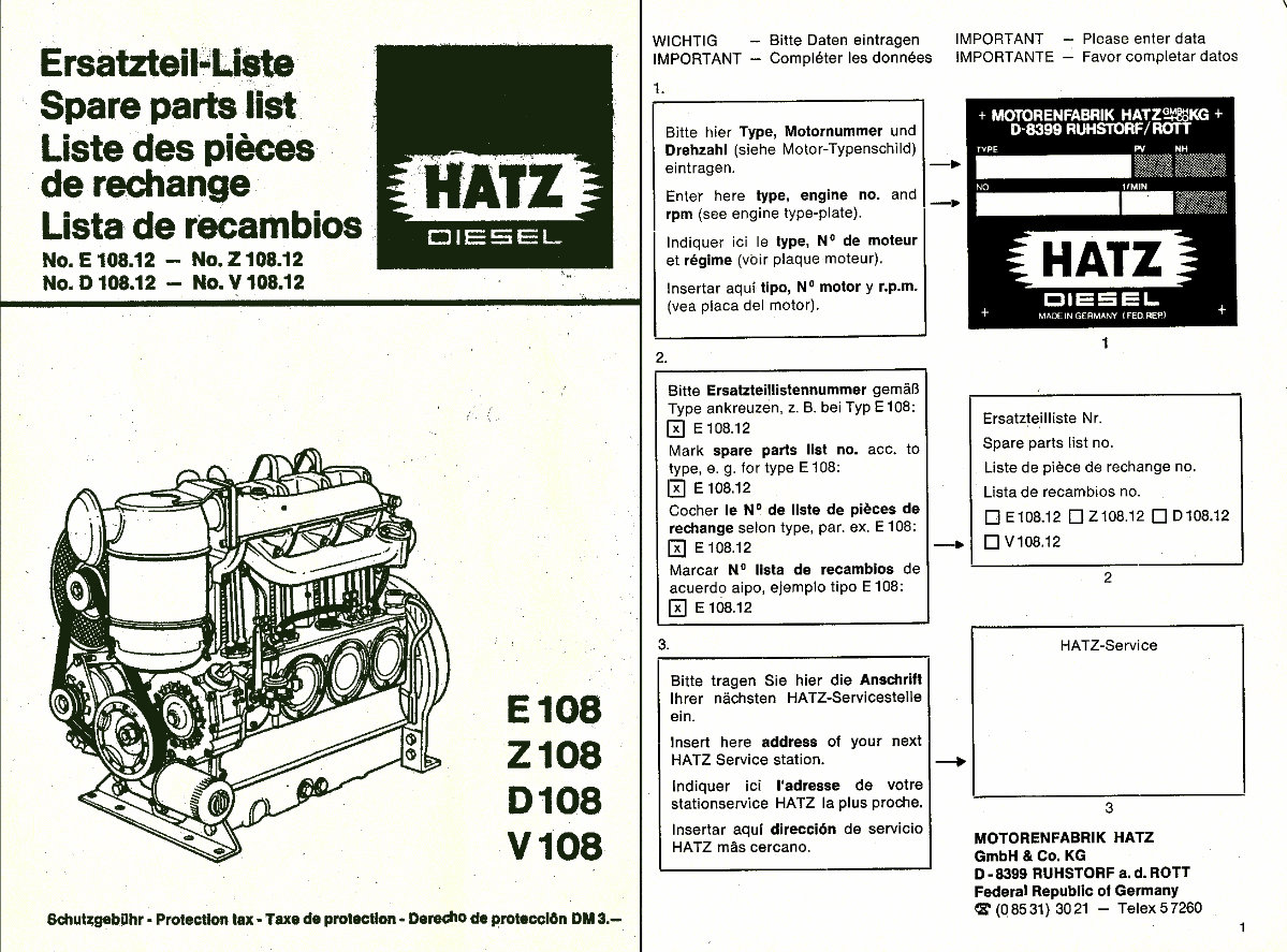 HATZ Diesel Engine E108 Z108 D108 V108 Service Parts Catalogue Manual