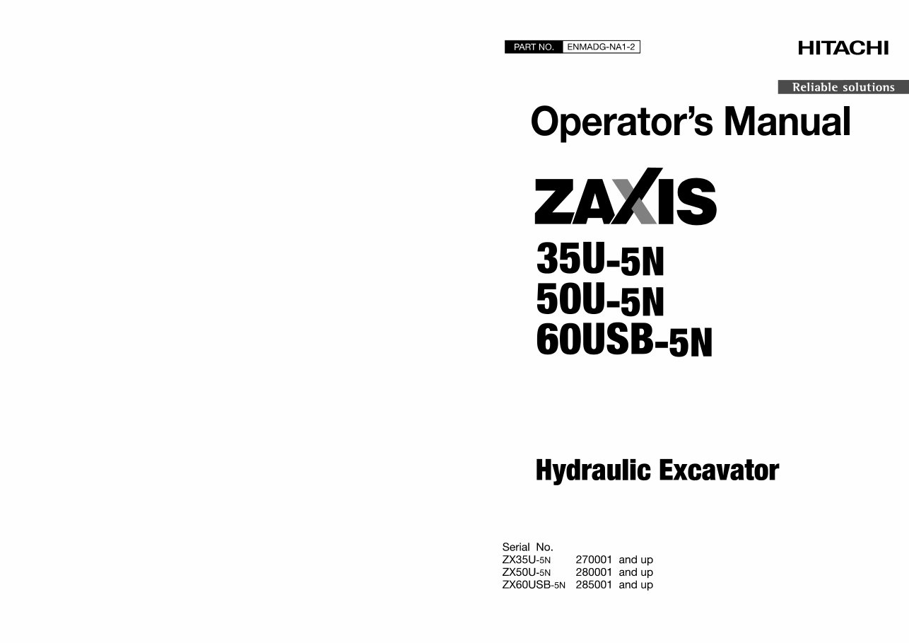 HITACHI ZAXIS 35U-5N, 50U-5N, 60USB-5N Hydraulic Excavator Operator Manual