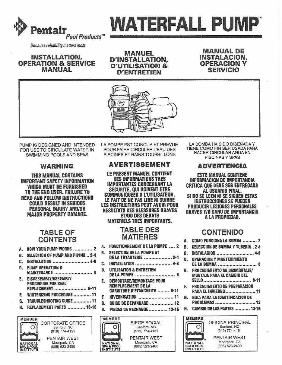 PENTAIR PINNACLE SWIMING POOL PUMP Service Manual