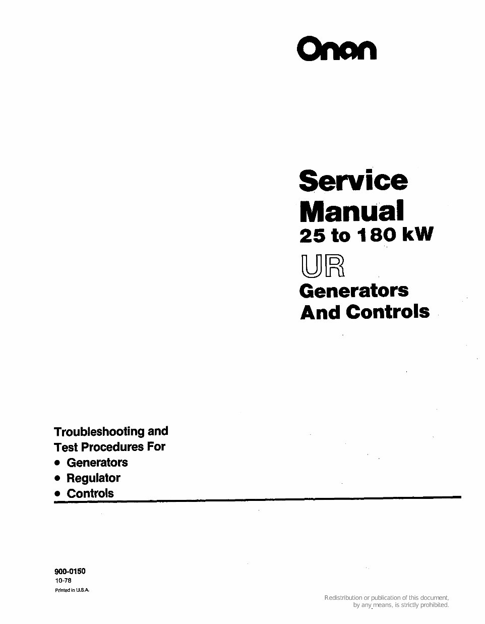 Onan 25 to 180 kW UR Generators and Controls OEM Service & Repair Manual