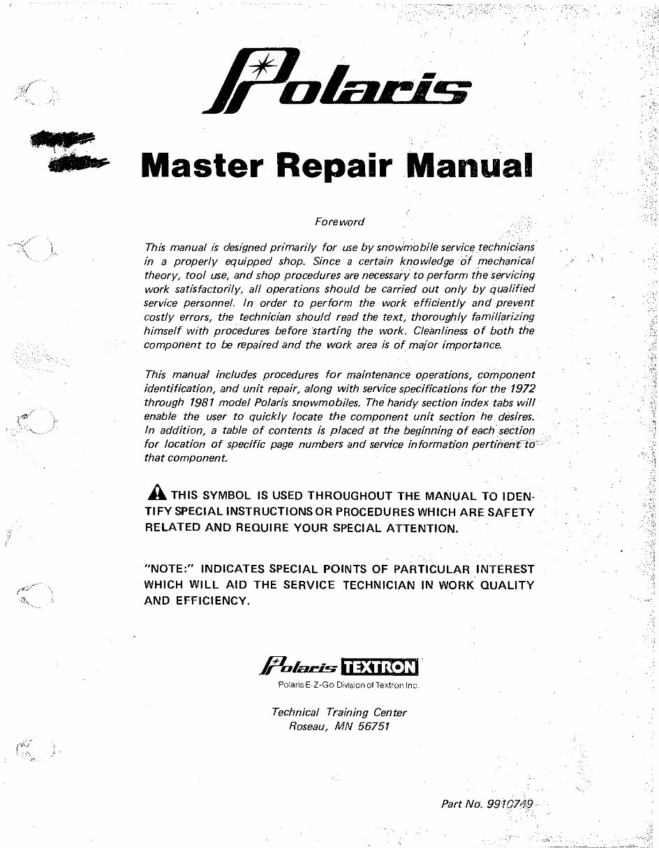 1980 POLARIS APOLLO 340 Factory Service & Work Shop Manual