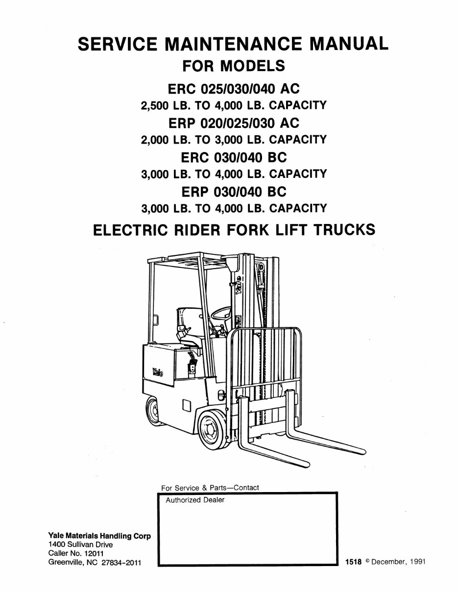 Yale Electric Rider Fork Lift Truck Type AC, BC: ERP020, ERC025, ERP025 ...