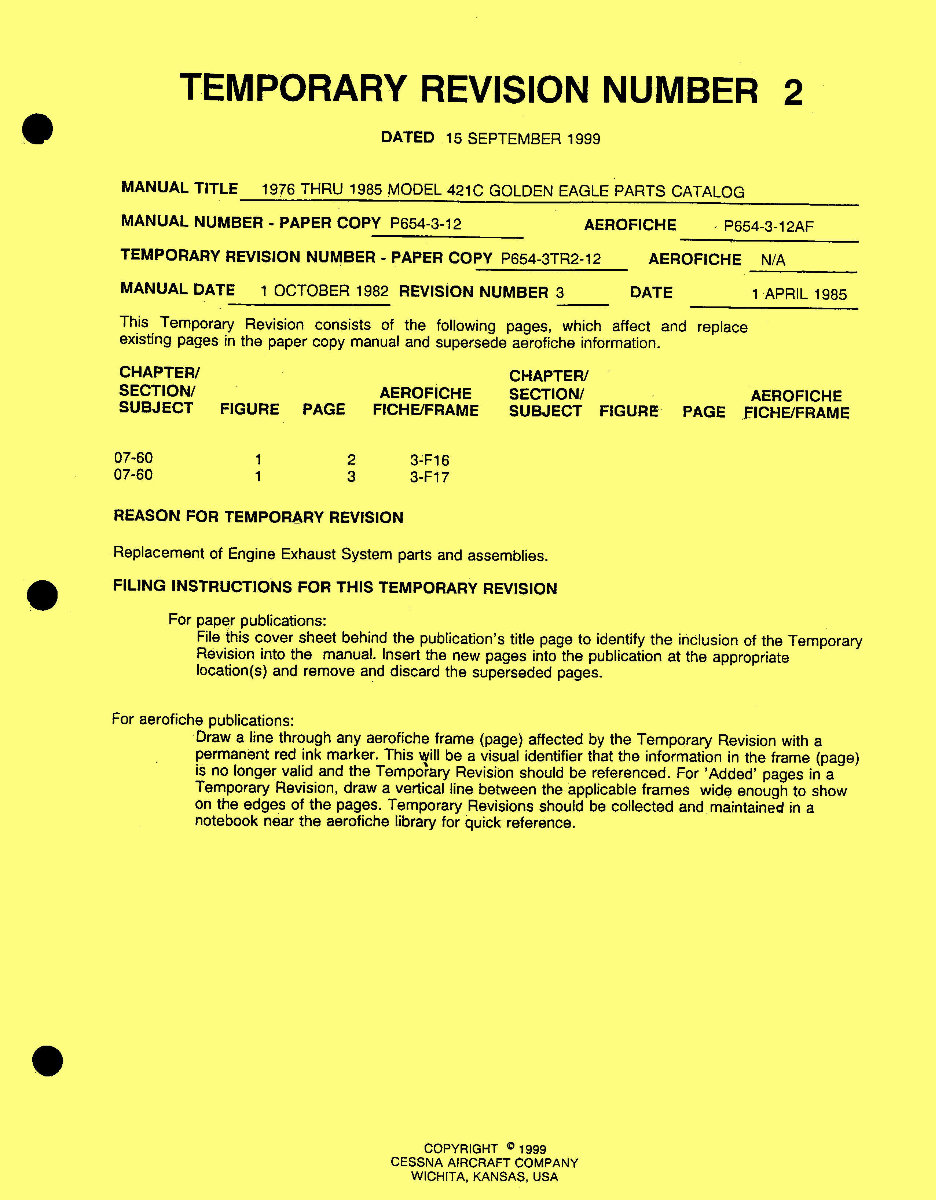 Cessna 421C IPC parts manual P654-3-12 1976 - 1985
