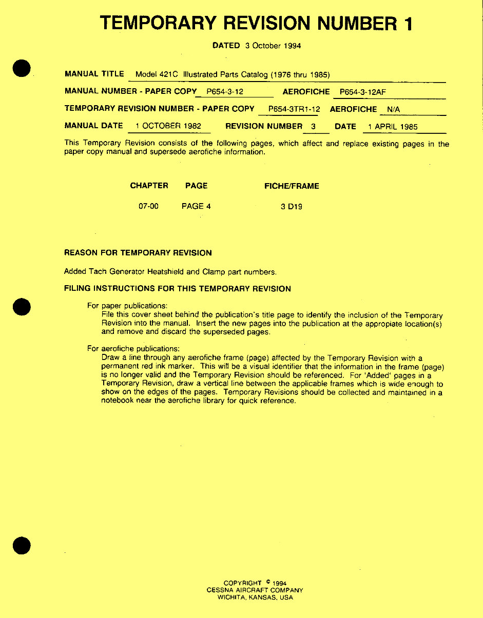 Cessna 421C IPC parts manual P654-3-12 1976 - 1985