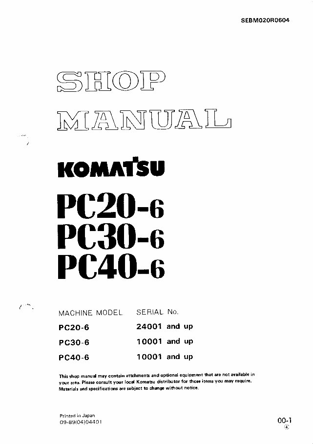 KOMATSU PC20-6, PC30-6, PC40-6 Hydraulic Excavator Service Repair Manual