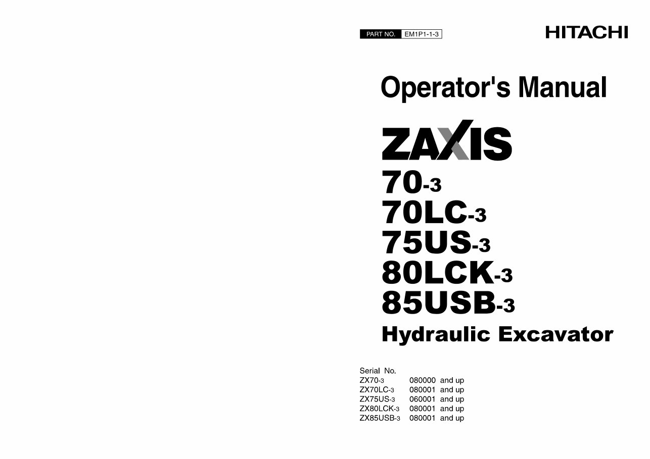 HITACHI ZAXIS 70, 70LC, 80, 75US-A Excavator Operator Manual