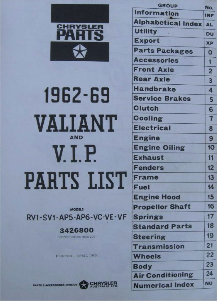 CHRYSLER VALIANT R S AP5 AP6 VC VE VF PACER Parts 1962-1969