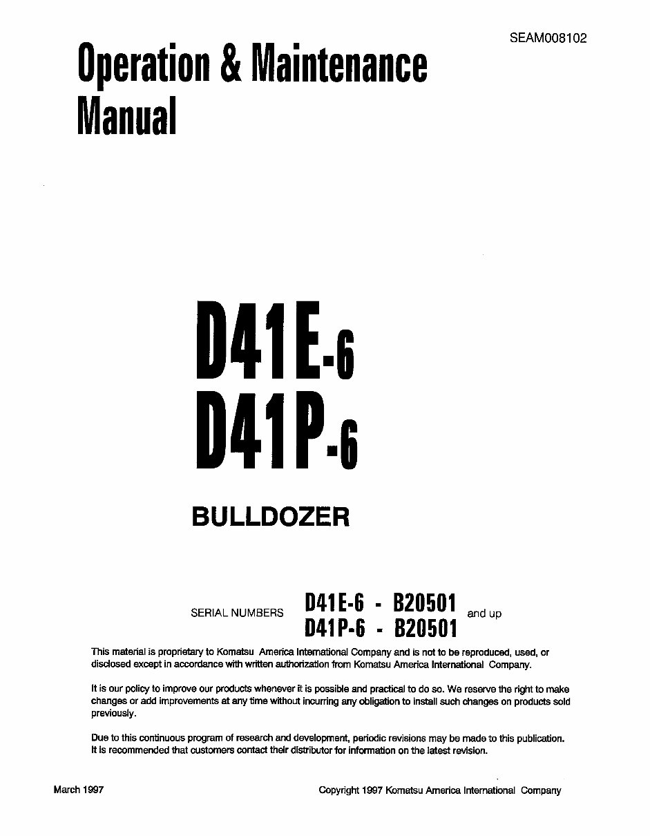 KOMATSU D41E-6 D41P-6 BULLDOZER Operation Maintenance Manual