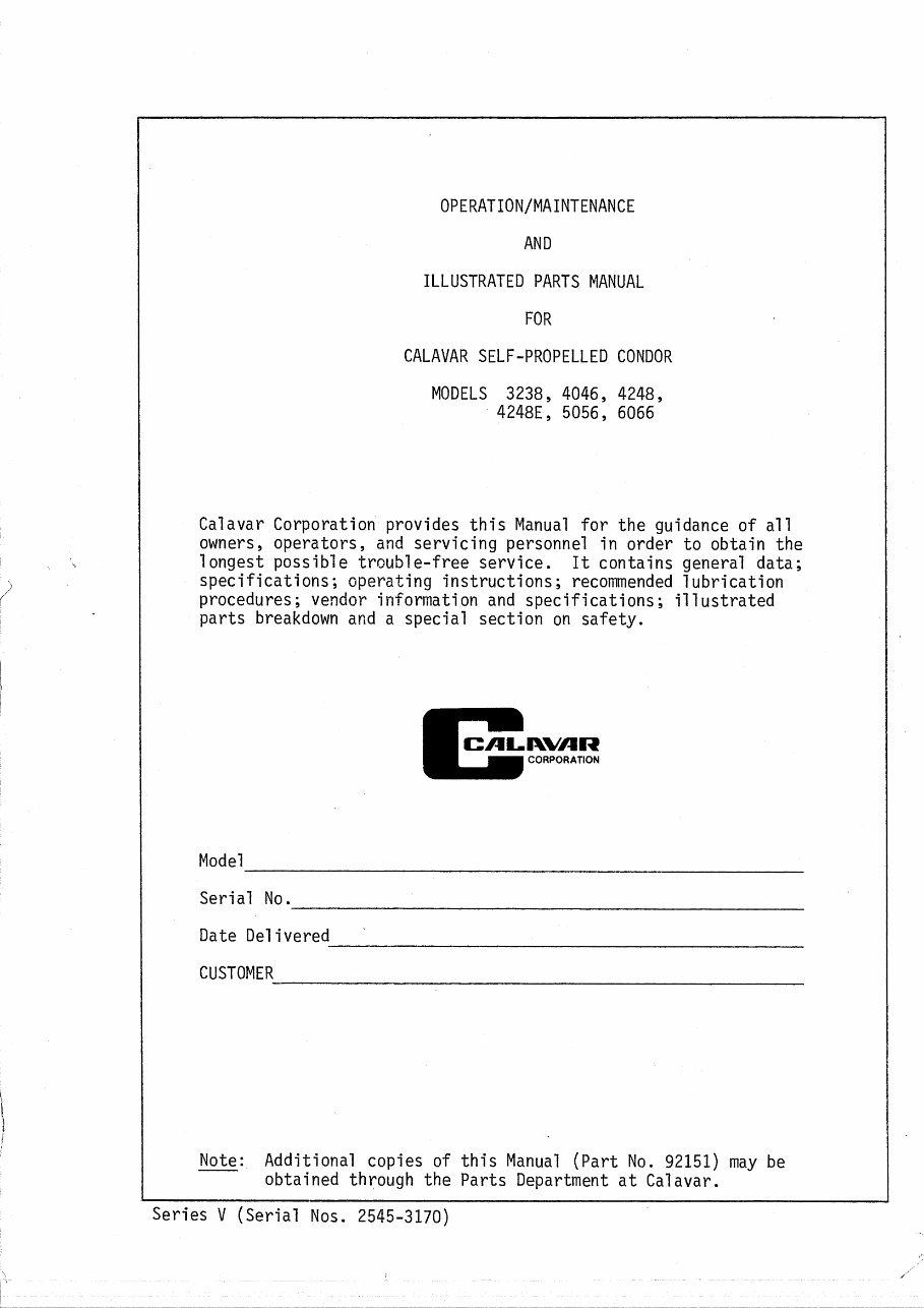 Calavar self-propelled condor models 3238 4046 4248 4248E 5056 6066 ...